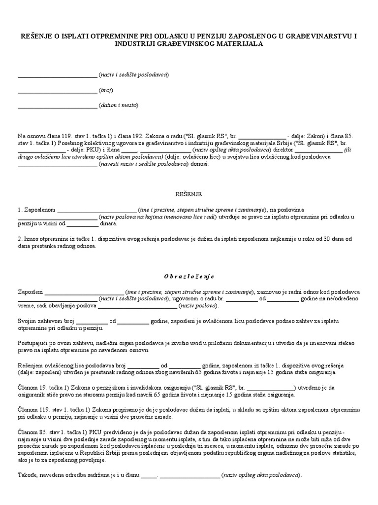 Rešenje o Isplati Otpremnine Pri Odlasku U Penziju Zaposlenog U Građevinarstvu I Industriji ...