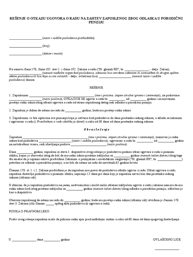 Rešenje O Otkazu Ugovora O Radu Na Zahtev Zaposlenog Zbog Odlaska U Porodičnu Penziju | PDF