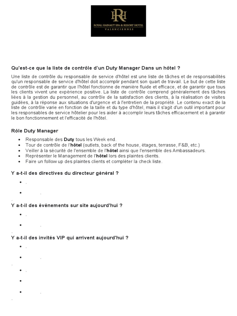 Liste de contrôle pour Duty Manager hôtel | PDF