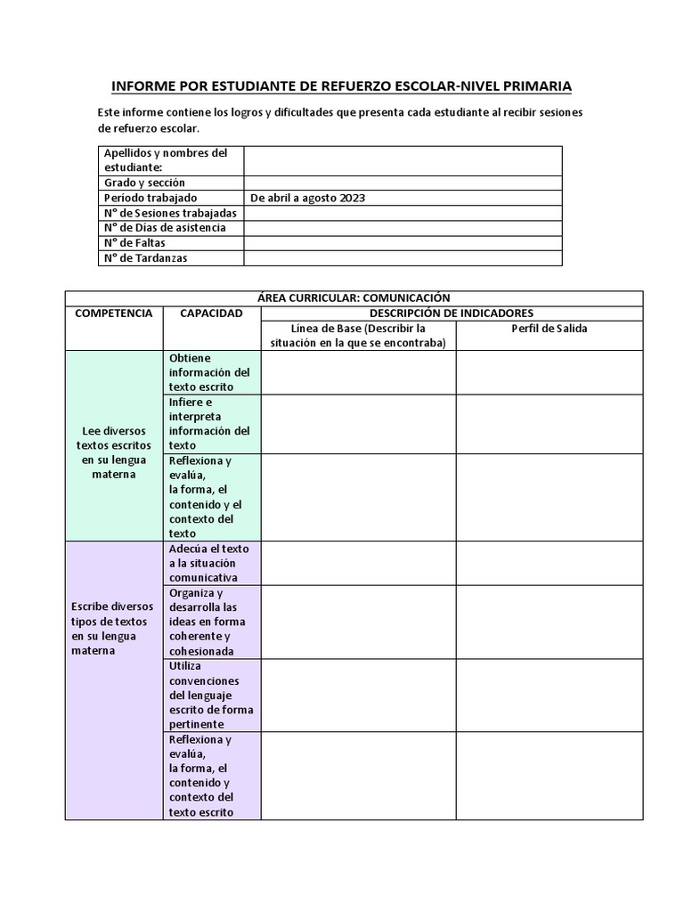Formato Informe Por Estudiante de Refuerzo Escolar | PDF | Geometría | Ciencia cognitiva