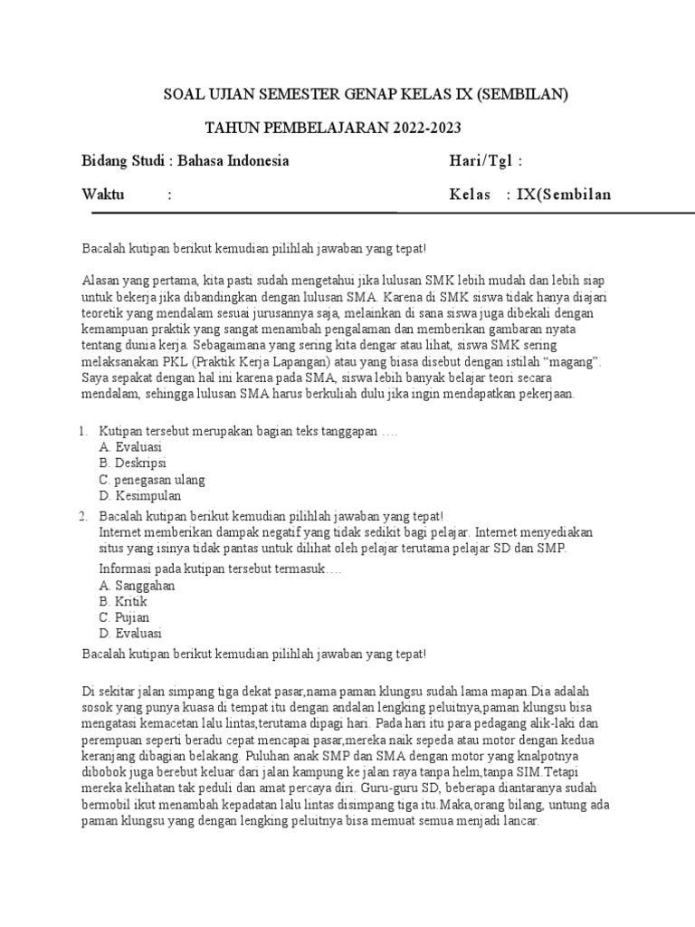 SOAL UJIAN BAHSA INDONESIA KELAS 9 | PDF