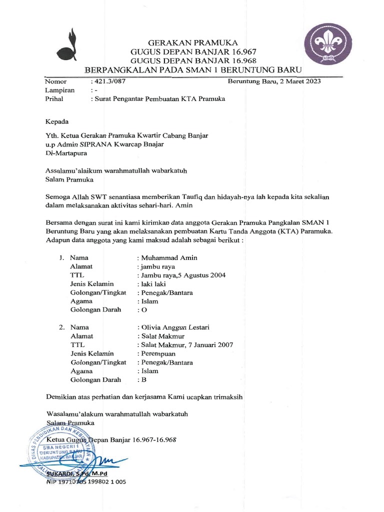 Surat Pengantar Pembuatan KTA Pramuka | PDF