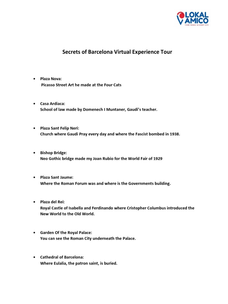 Secrets of Barcelona Virtual Experience Tour List of Places | PDF