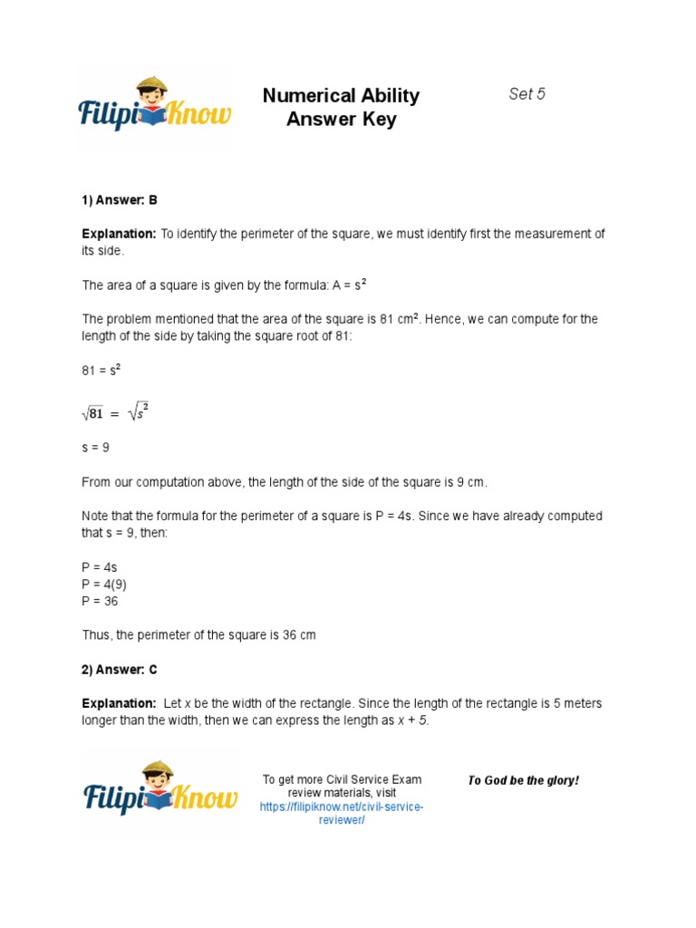 Numerical Ability Answer Key Set 5 | PDF | Area | Angle