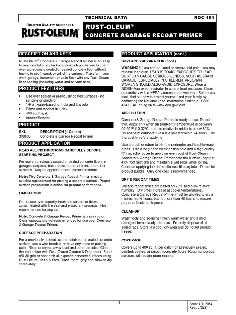 ROC-181 Rust-Oleum Concrete Garage Recoat Primer TDS 2 | PDF | Paint ...