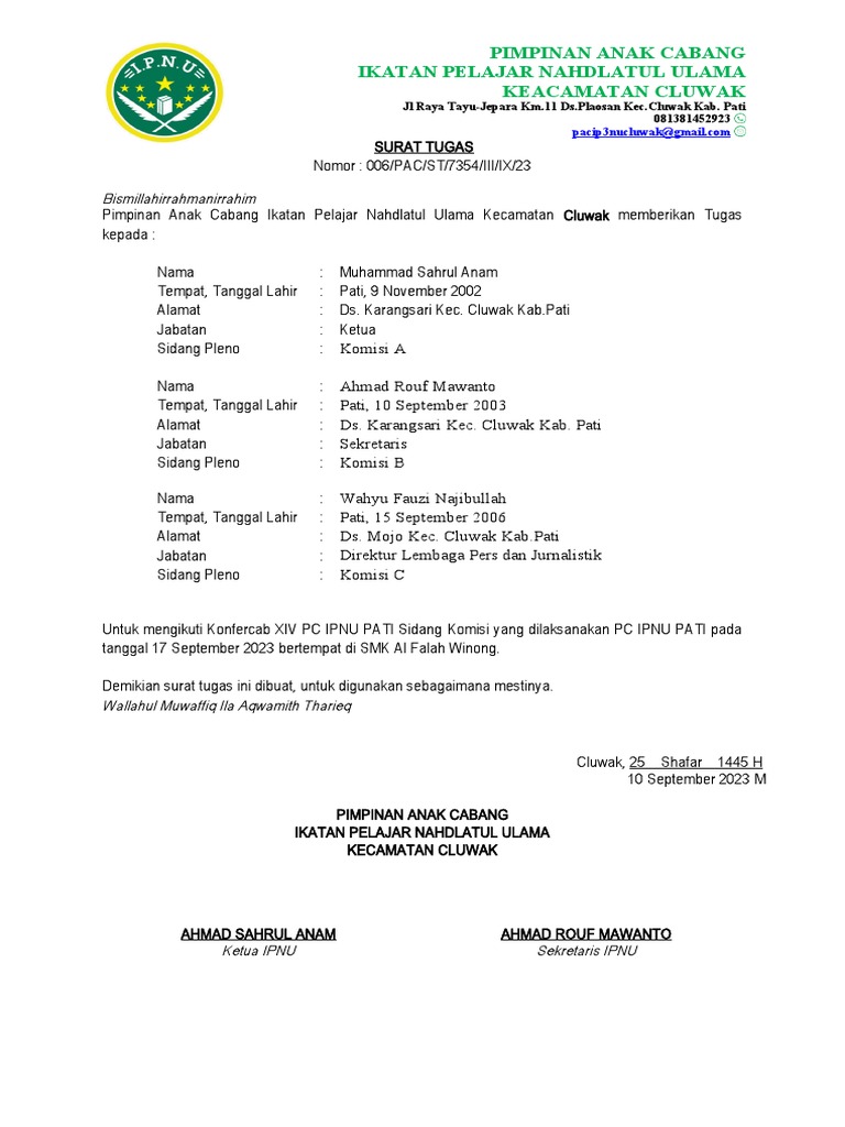 Contoh Surat Tugas IPNU Konfercab | PDF