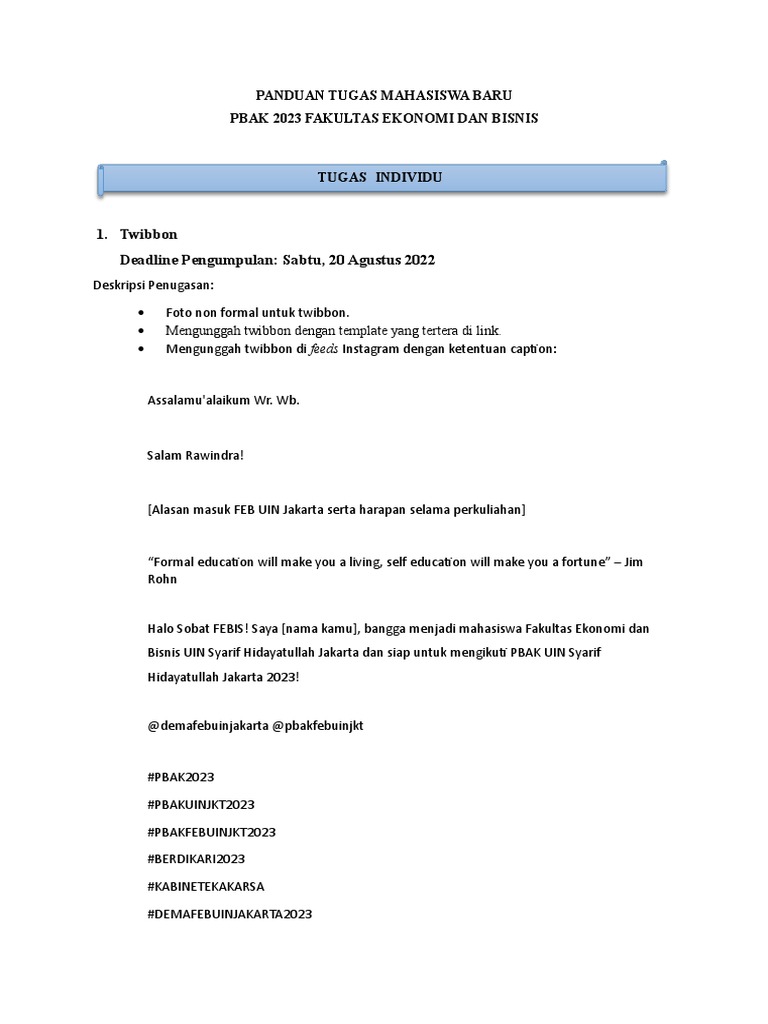 Ketentuan Tugas Mahasiswa Baru Pbak 2023 | PDF