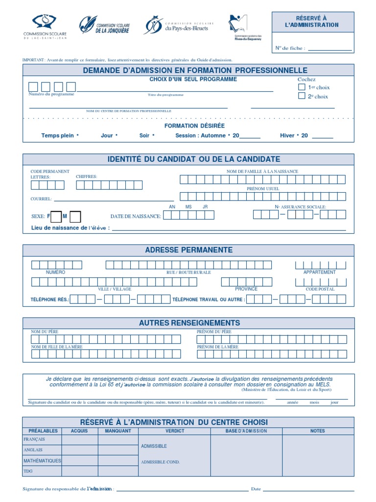 1.1 Formulaire de Demande D'admission | PDF