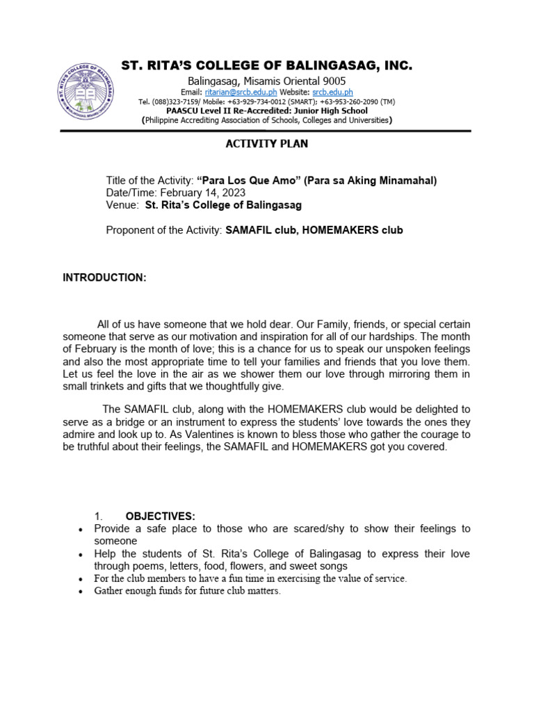SAMAFIL Valentines Day - Activity Plan | PDF