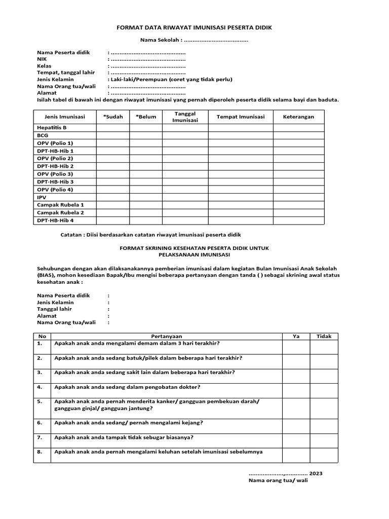Format Data Riwayat Imunisasi Peserta Didik - Tanti | PDF