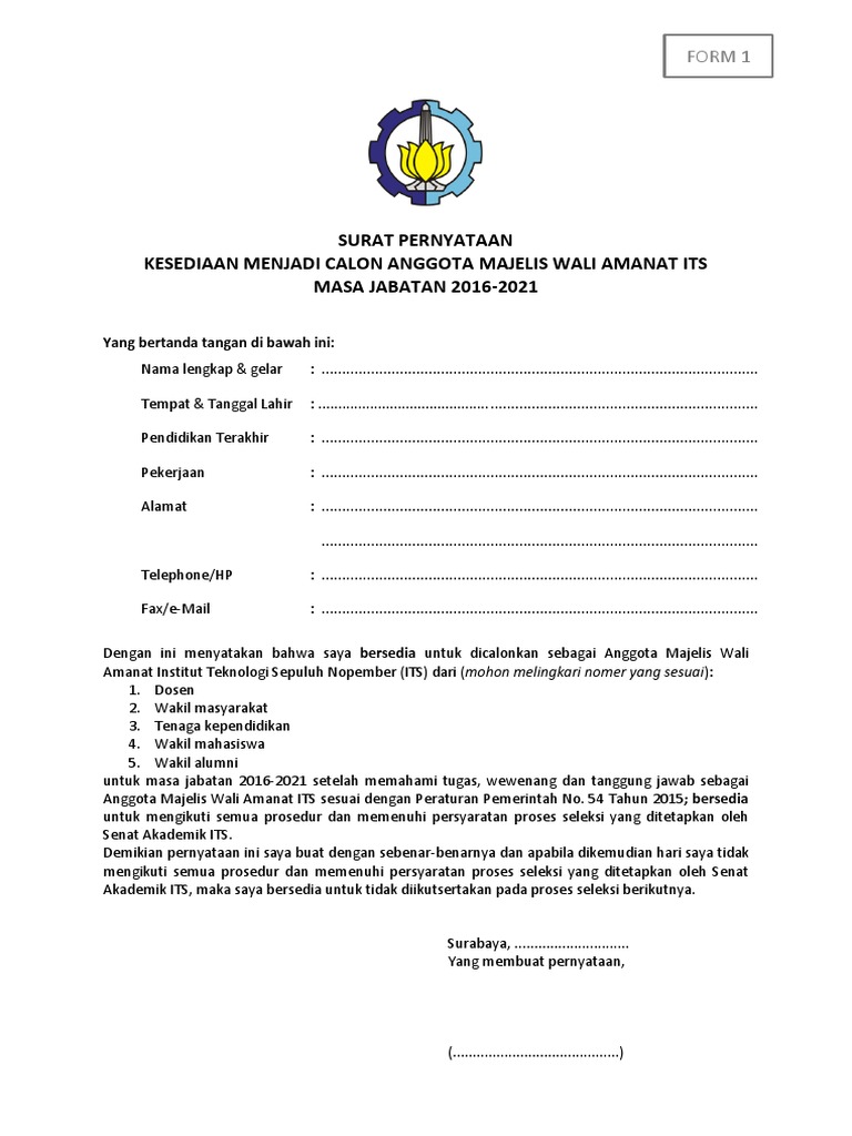 FORM 1 Surat Pernyataan Kesediaan Menjadi Calon Anggota MWA | PDF