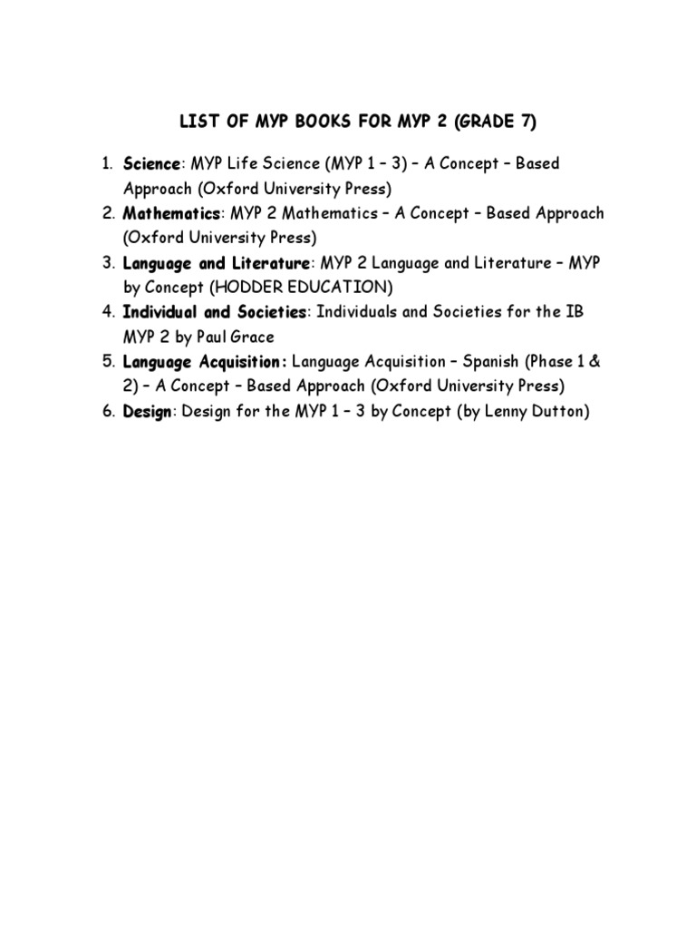 LIST OF MYP BOOKS | PDF
