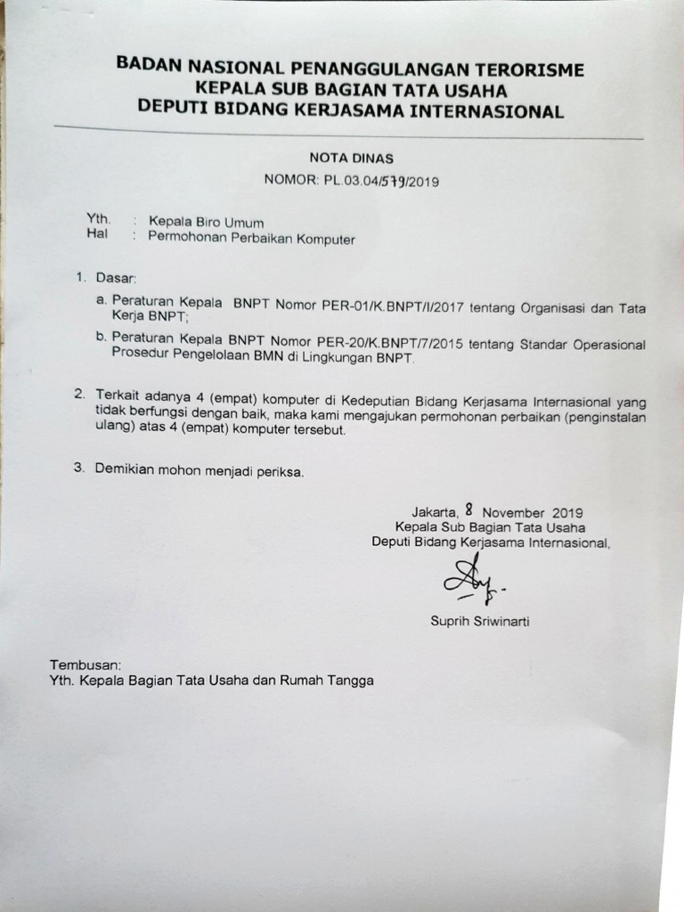 Permohonan Perbaikan Komputer BNPT | PDF