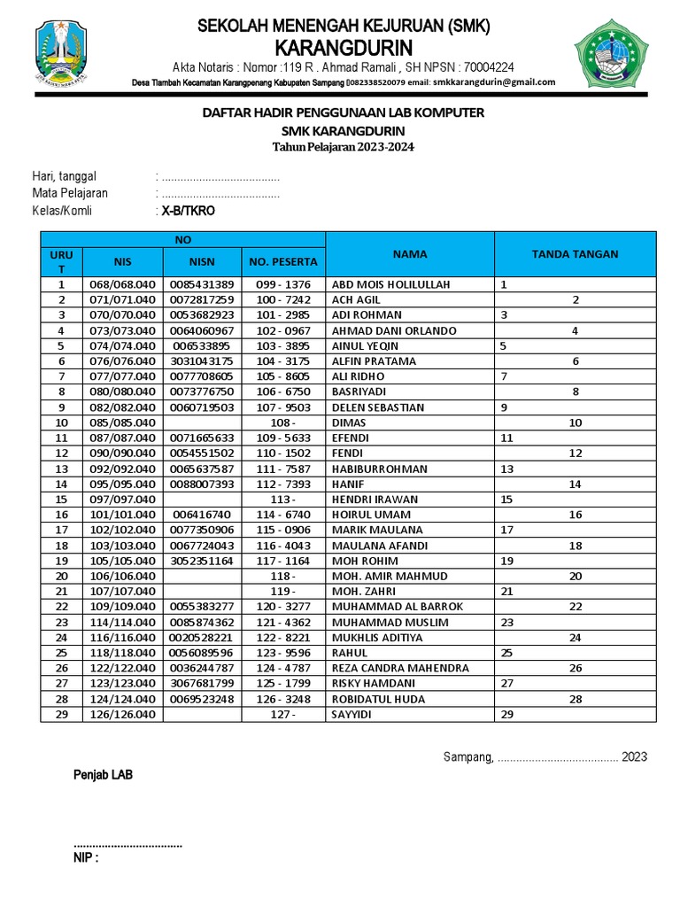 SMK Karangdurin Computer Lab Attendance | PDF