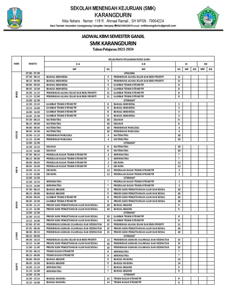 Jadwal KBM Semester Ganjil SMK Karangdurin 2023-2024 | PDF