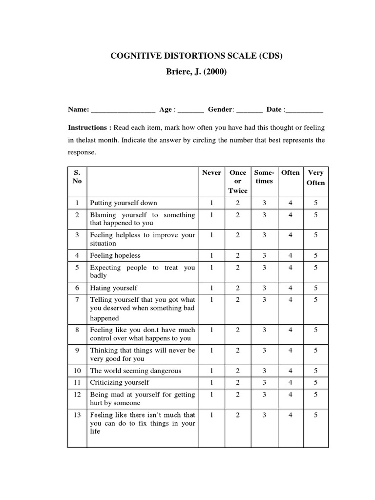 Cognitive Distortions Scale (CDS) Briere, J. (2000) | PDF | Feeling ...