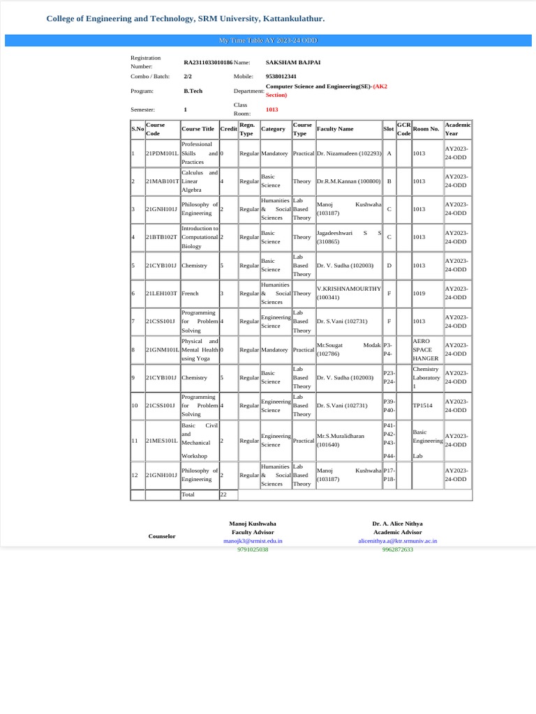 My Time Table 2023-24 | PDF | Science | Observation