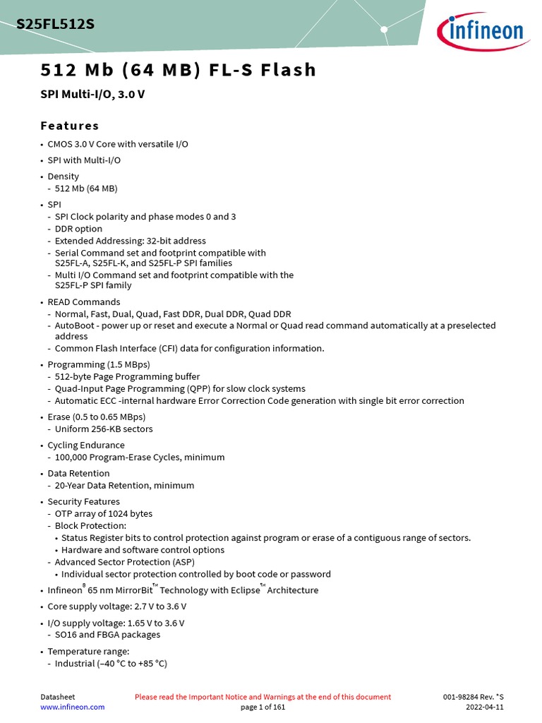 Infineon-S25FL512S 512 MB (64 MB) 3.0 V SPI Flash Memory-DataSheet-v20 ...