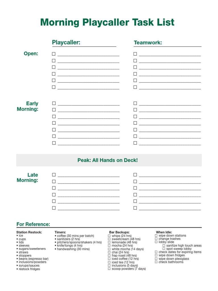 Shift Task List Template | PDF | Coffee | Food And Drink