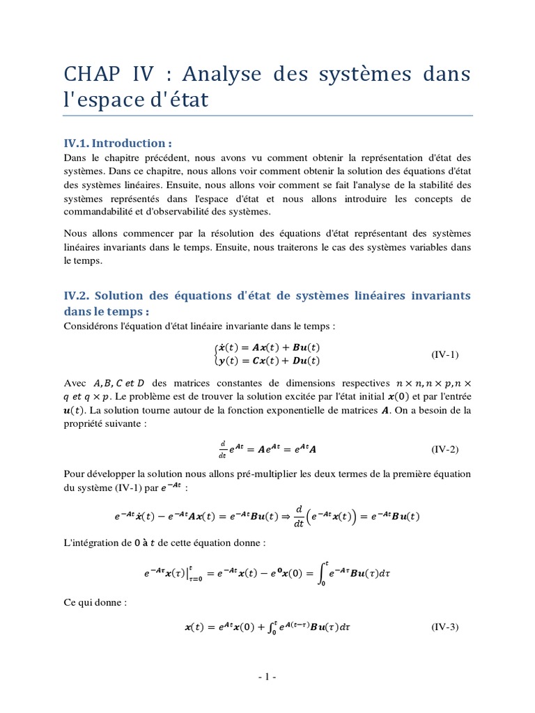Analyse des systèmes dans l'espace d'état | PDF | Matrice ...