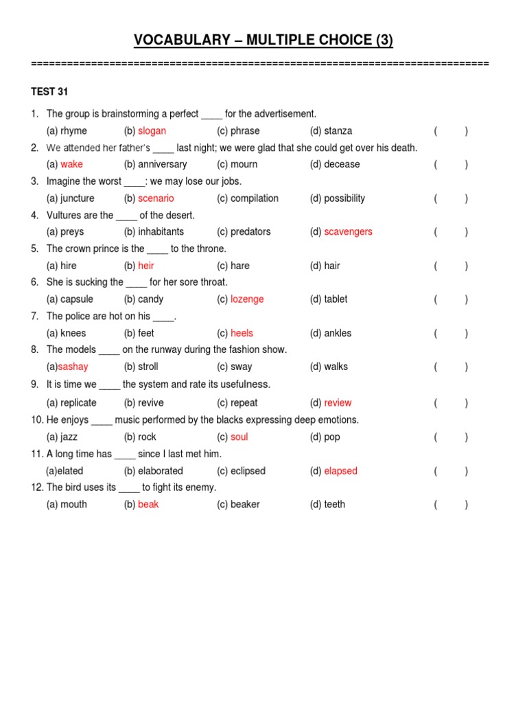 Vocabulary Multiple Choice Tests | PDF | Teaching Methods & Materials
