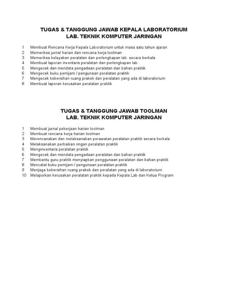 Tugas Kepala Lab Dan Toolman | PDF