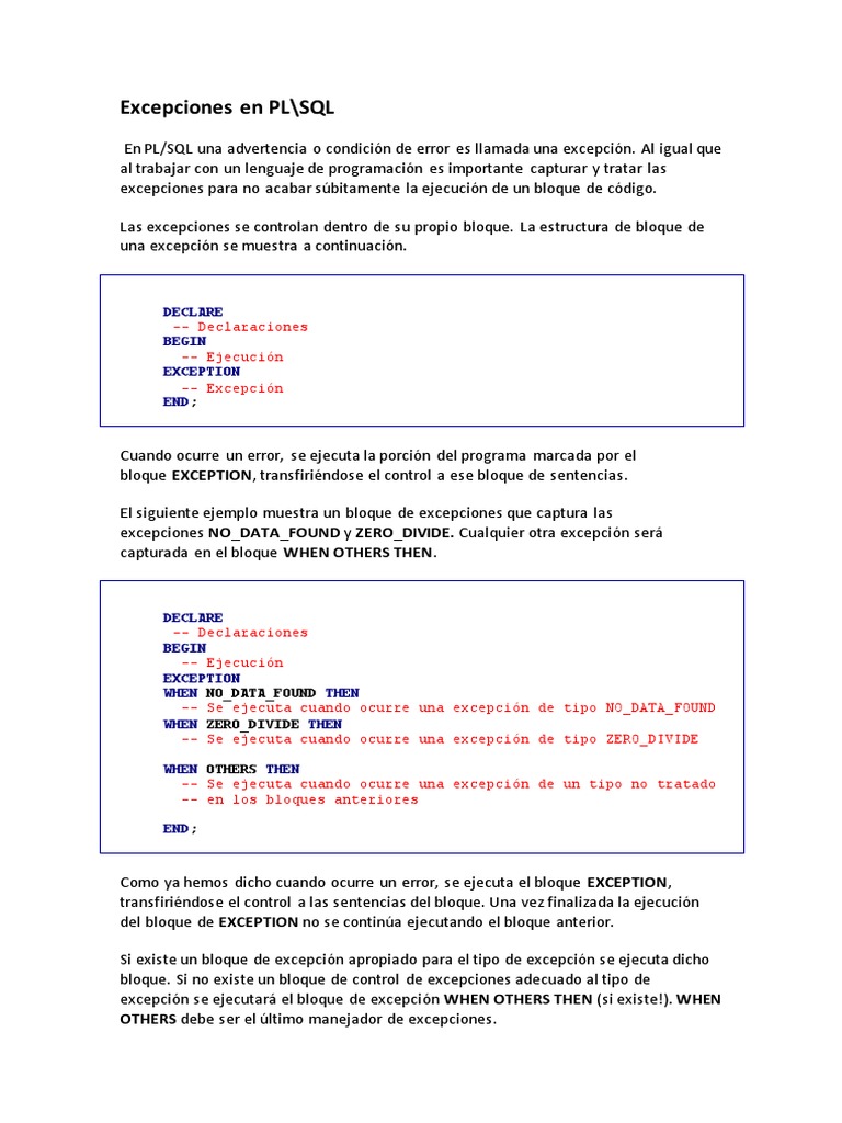 Manejo de Excepciones en PL/SQL | PDF | SQL | Bases de datos