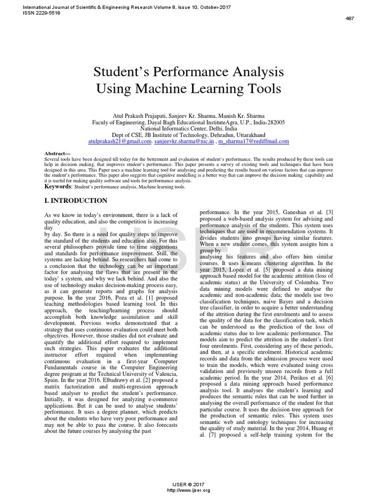 Students Performance Analysis Using Machine Learning Tools | PDF ... Students Performance Analysis Using Machine Learning Tools | PDF ...
