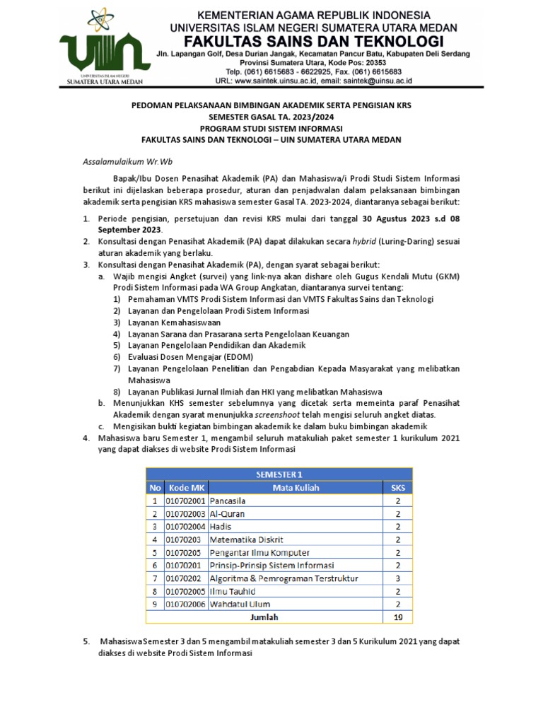 Pedoman Pelaksanaan Bimbingan Akademik Serta Pengisian KRS | PDF | Sains & Matematika | Komputer
