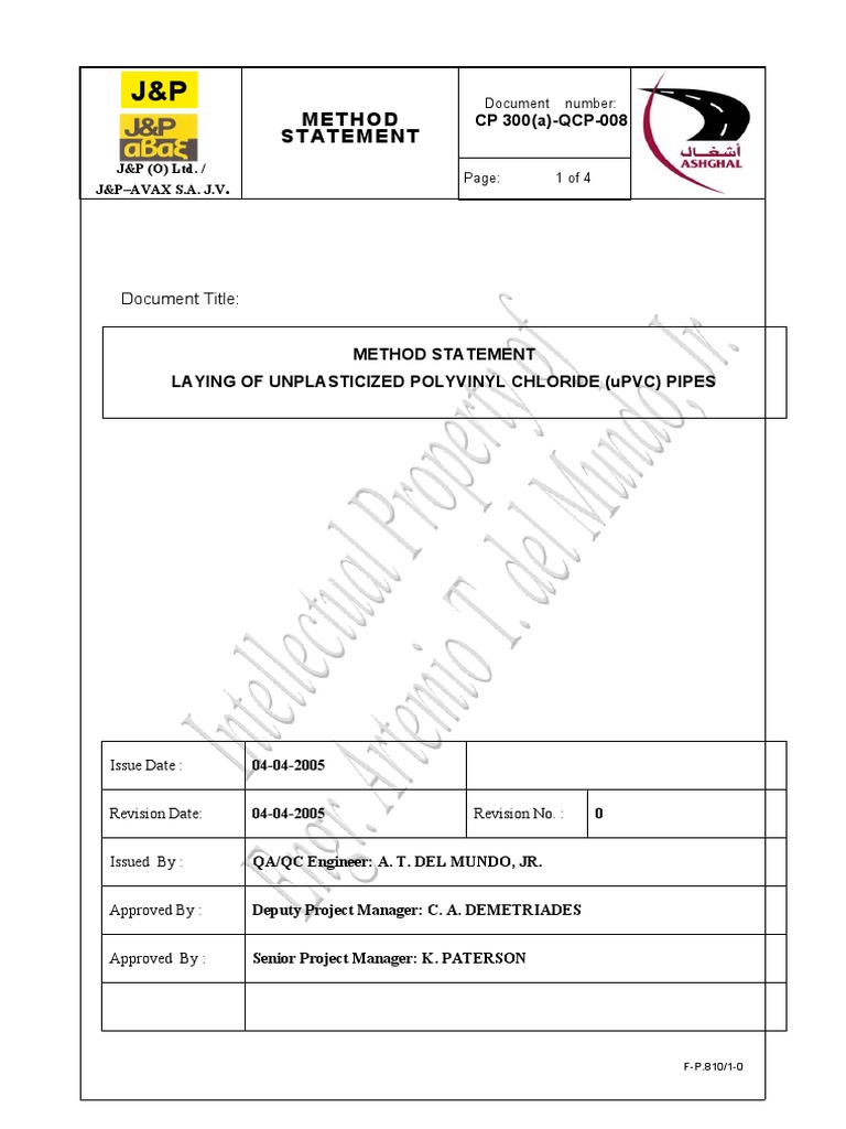 uPVC Pipe Laying Method Statement | PDF | Pipe (Fluid Conveyance ...