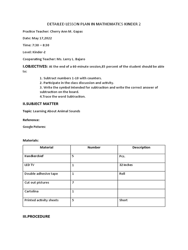 Detailed Lesson Plan in Mathematics Kinder 2 Updated | PDF | Lesson Plan