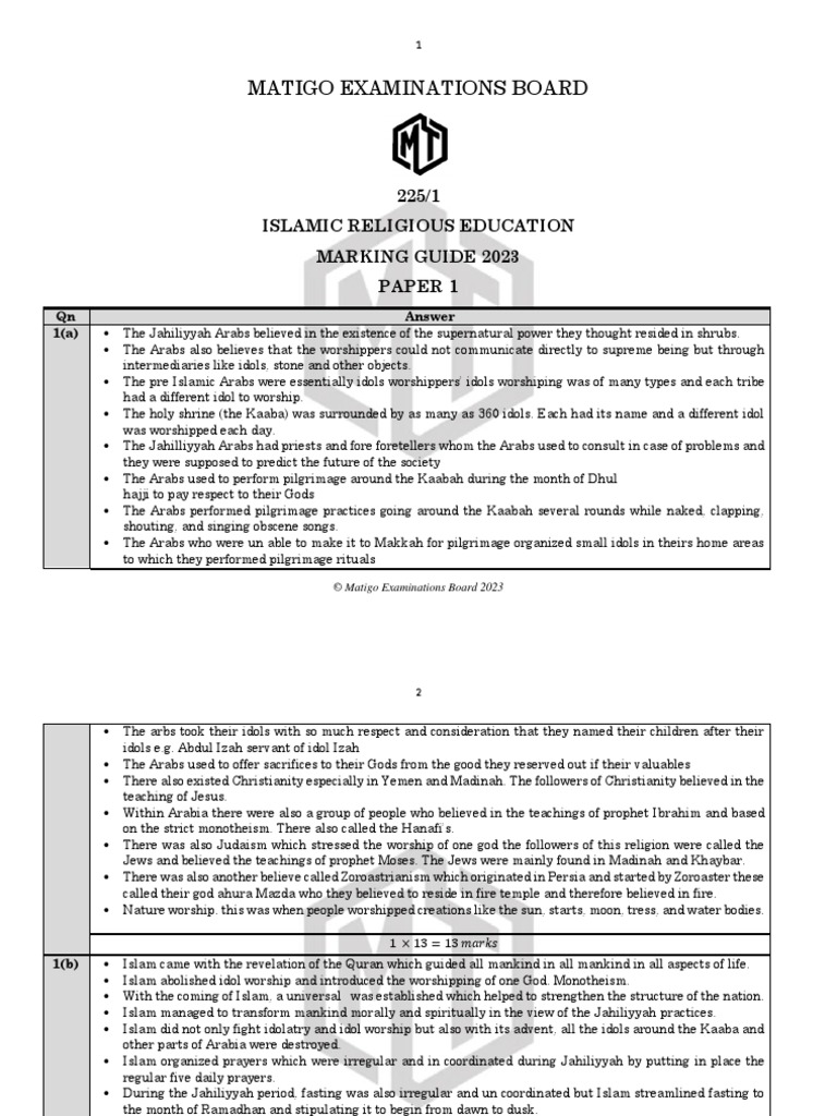 MATIGO MOCKS IRE 1 UCE MARKING GUIDE 2023 | PDF | Muhammad | Ali