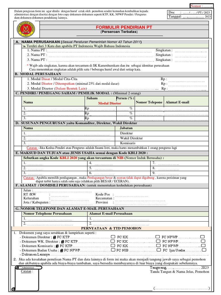 Formulir PENDIRIAN PT - 2023 | PDF