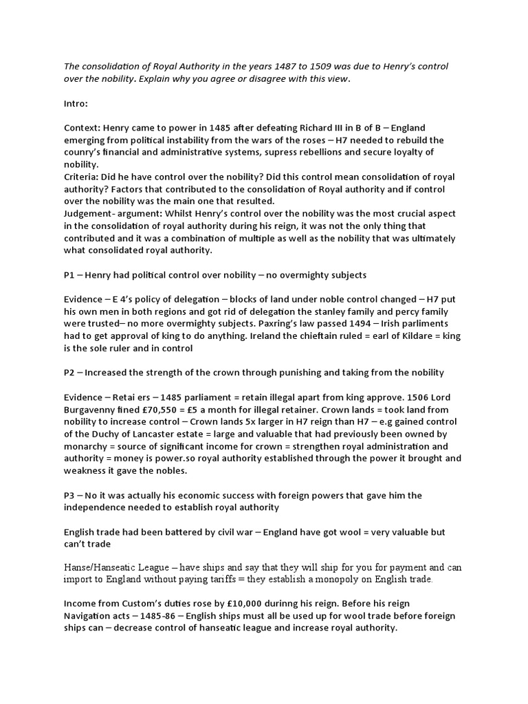 The Consolidation of Royal Authority in The Years 1487 To 1509 Was Due ...