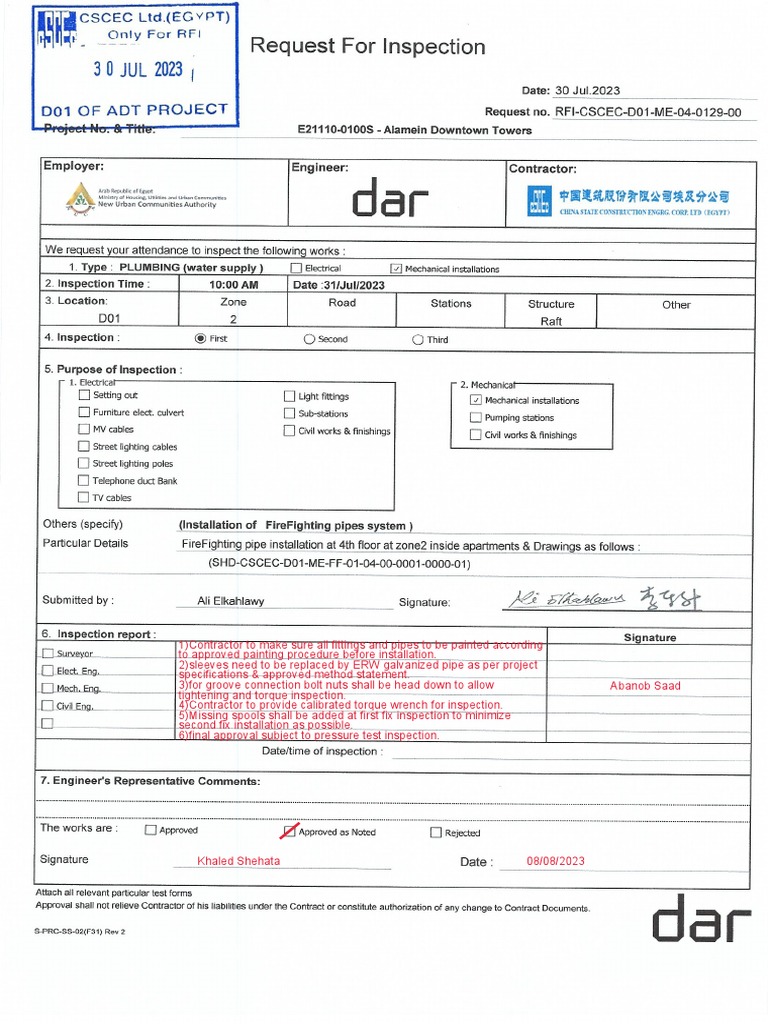 Rfi Cscec D01 Me 04 0129 00 | PDF | Fire Sprinkler System | Pipe (Fluid ...