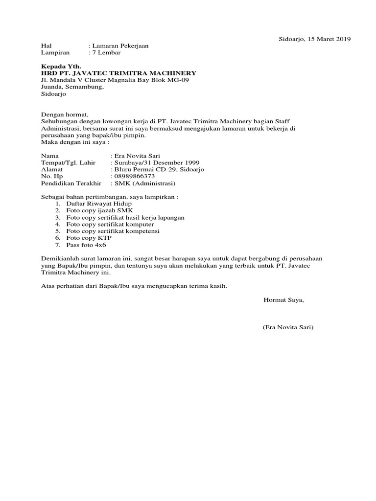 Kepada Yth. HRD Pt. Javatec Trimitra Machinery | PDF