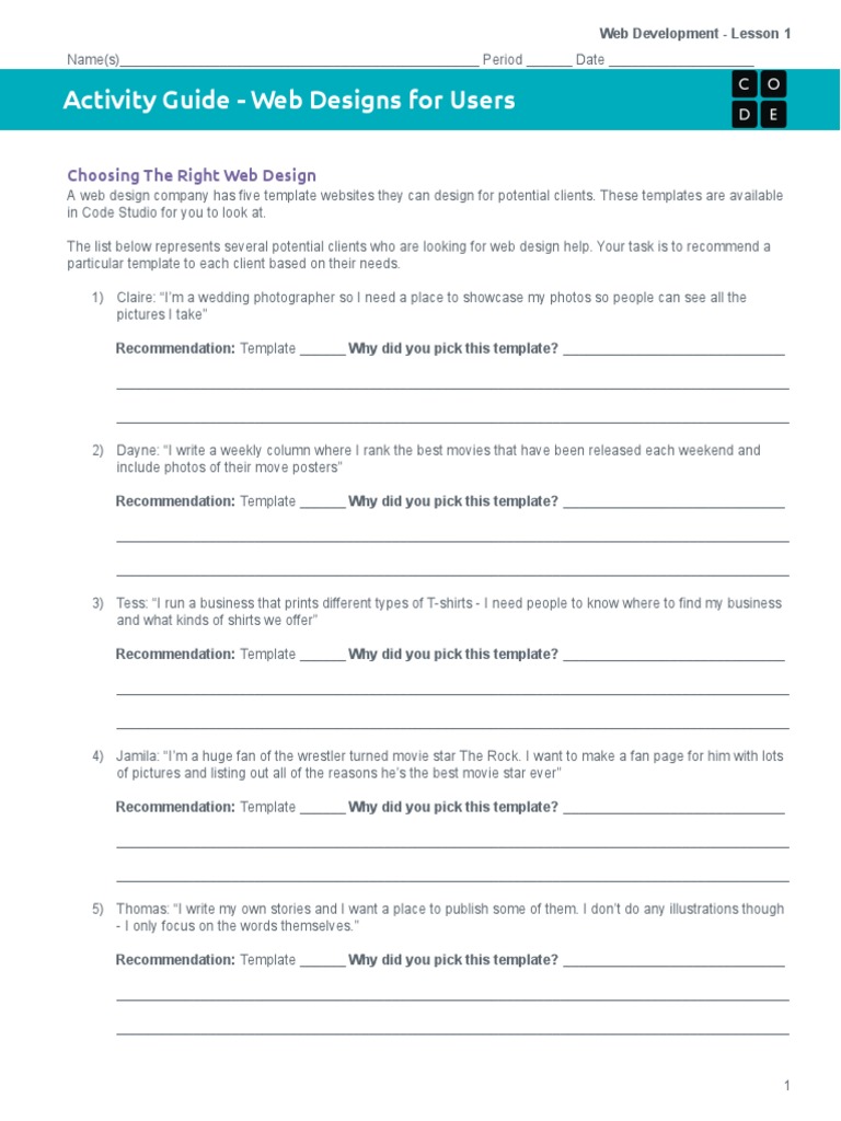 U2L01 - Activity Guide - Web Designs For Users (B) | PDF | Web Design | World Wide Web