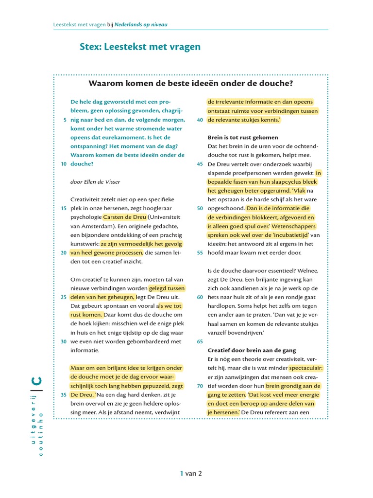 Stex Leestekst Waarom Komen de Beste Ideeen Onder de Douche | PDF