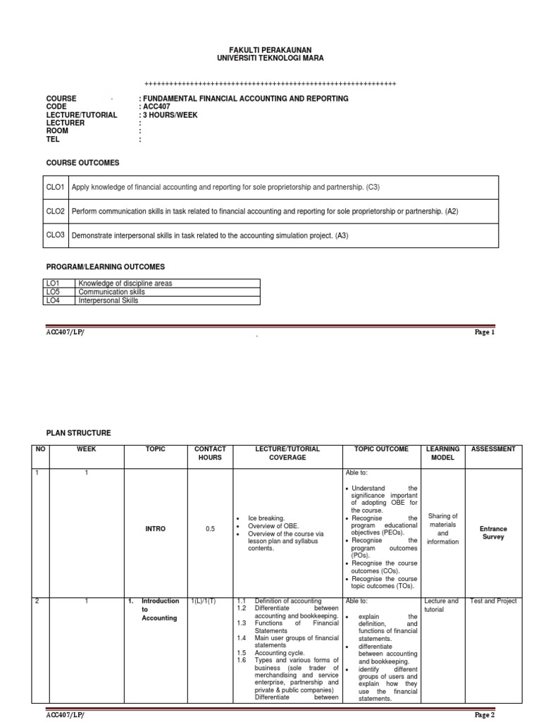 Acc407 - Lesson Plan | PDF | Partnership | Depreciation
