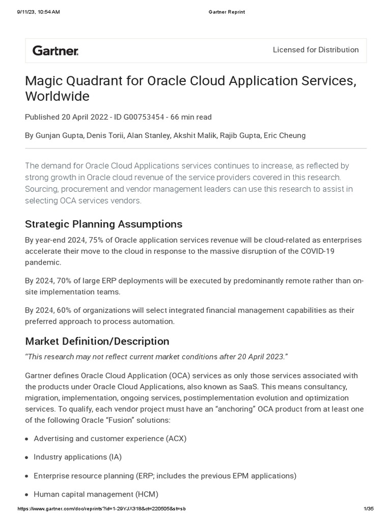 Gartner Reprint - Magic Quadrant For Oracle Cloud Application Services, 2022 | PDF | Cloud ...