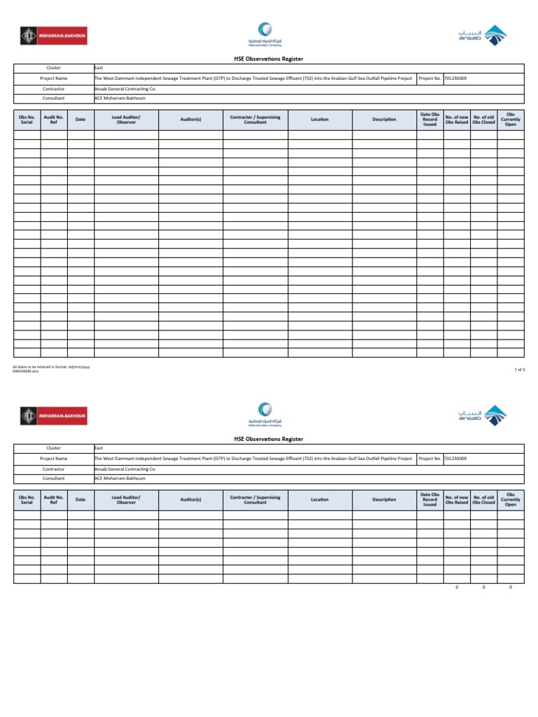 PMF 017 HSE 007 - 02 HSE Observations Register | PDF | Environmental Engineering | Environmental ...
