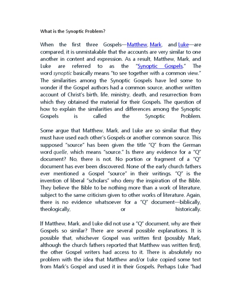 The Synoptic Problem | PDF | Gospel Of Luke | Gospel Of Mark