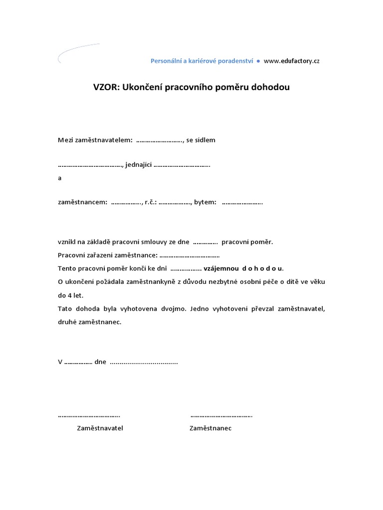 VZOR Ukončení Pracovního Poměru Dohodou Péče o Dítě | PDF