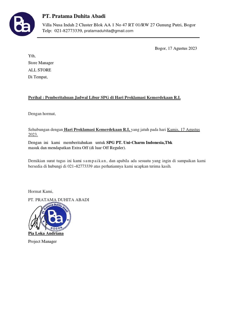 Surat EKSTRA OFF SPG HARI PROKLAMASI KEMERDEKAAN | PDF