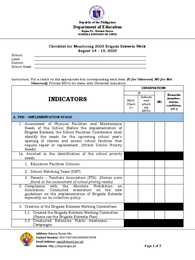 Final Sdo Capiz Checklist For Monitoring of 2023 Brigada Eskwela Week ...