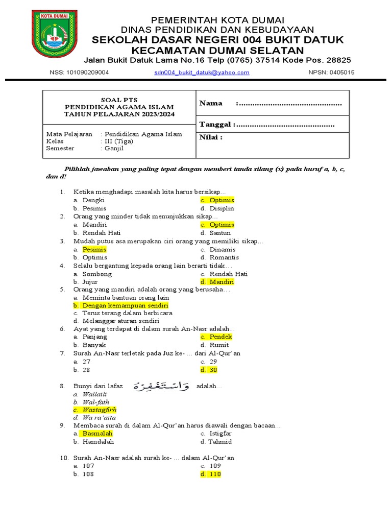Soal PTS Pendidikan Agama Islam Kelas 3 | PDF | Agama & Spiritualitas