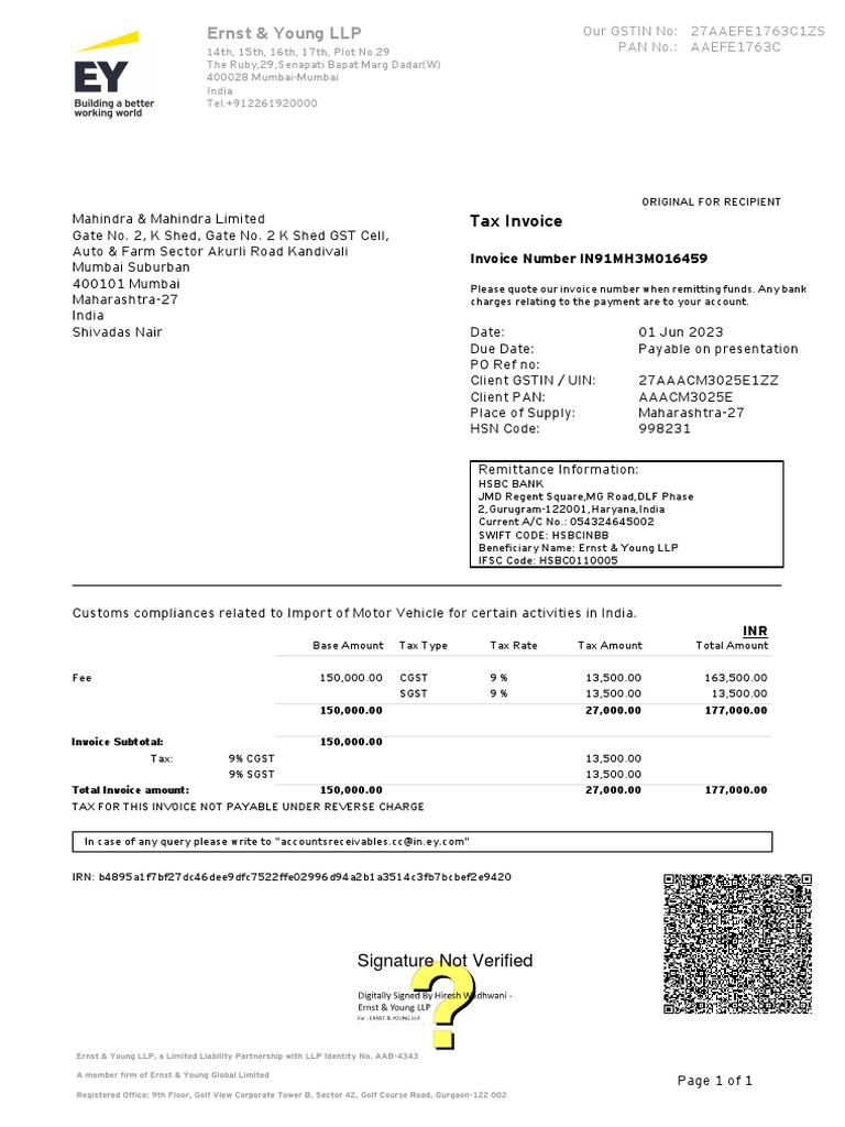 EY Invoice - ORG - IN91MH3M016459 | PDF | Invoice | Government Finances