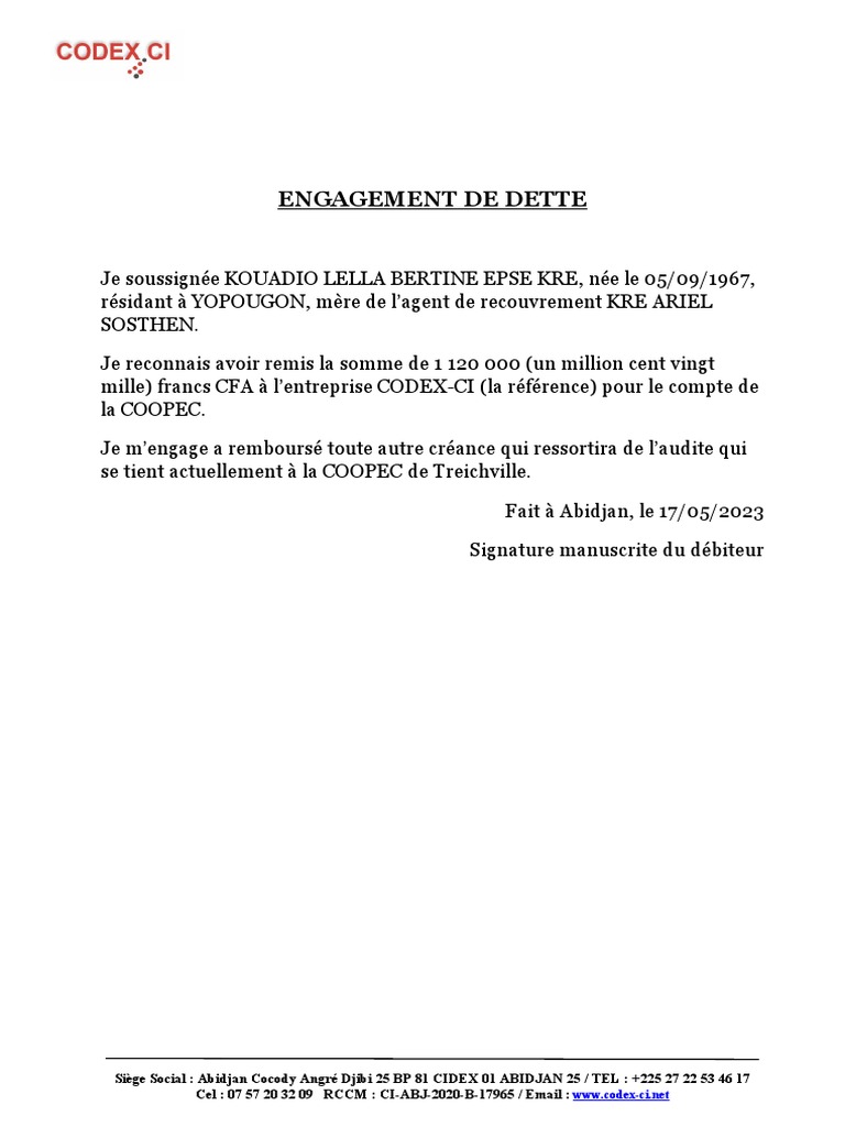 Modèle de reconnaissance de dette simple | PDF