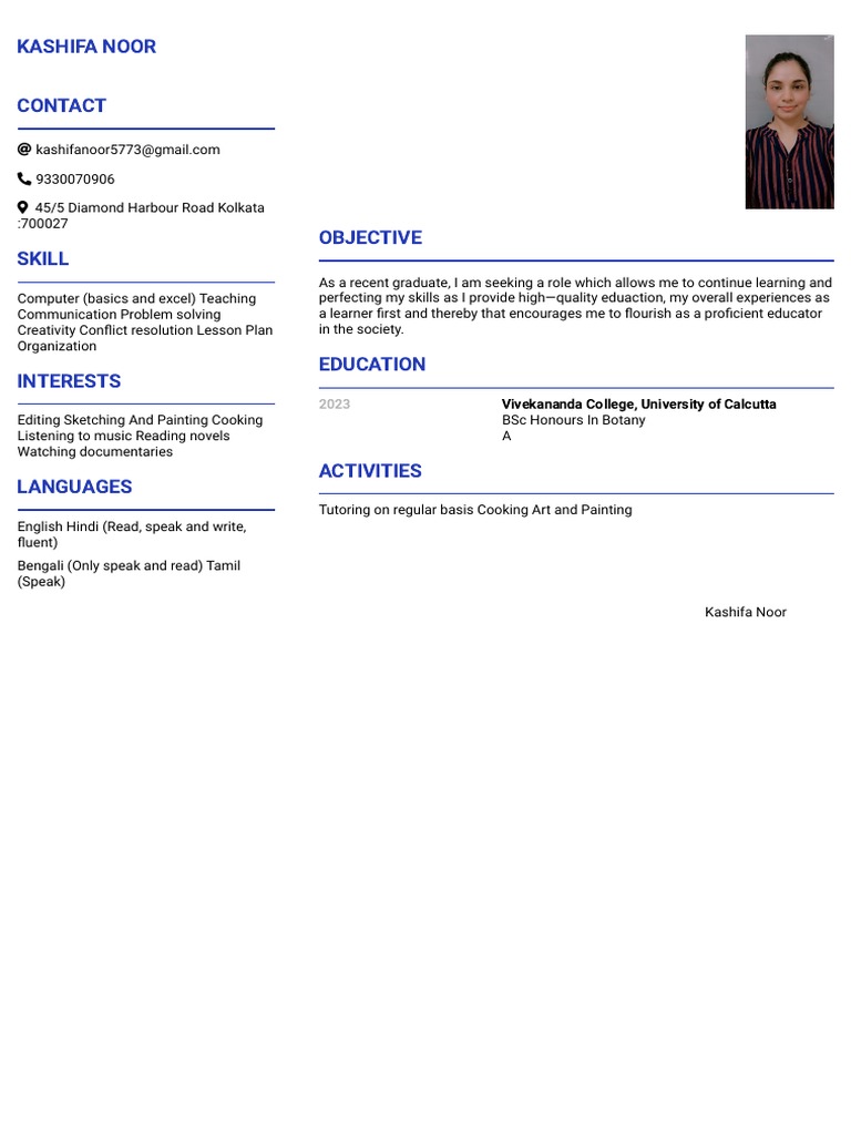 Kashifa Noor - Educator & Skills Profile | PDF