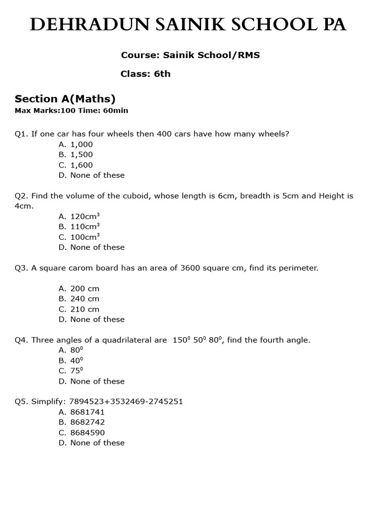 RMS Sainik School Subject Maths | Download Free PDF | Speed | Mathematics